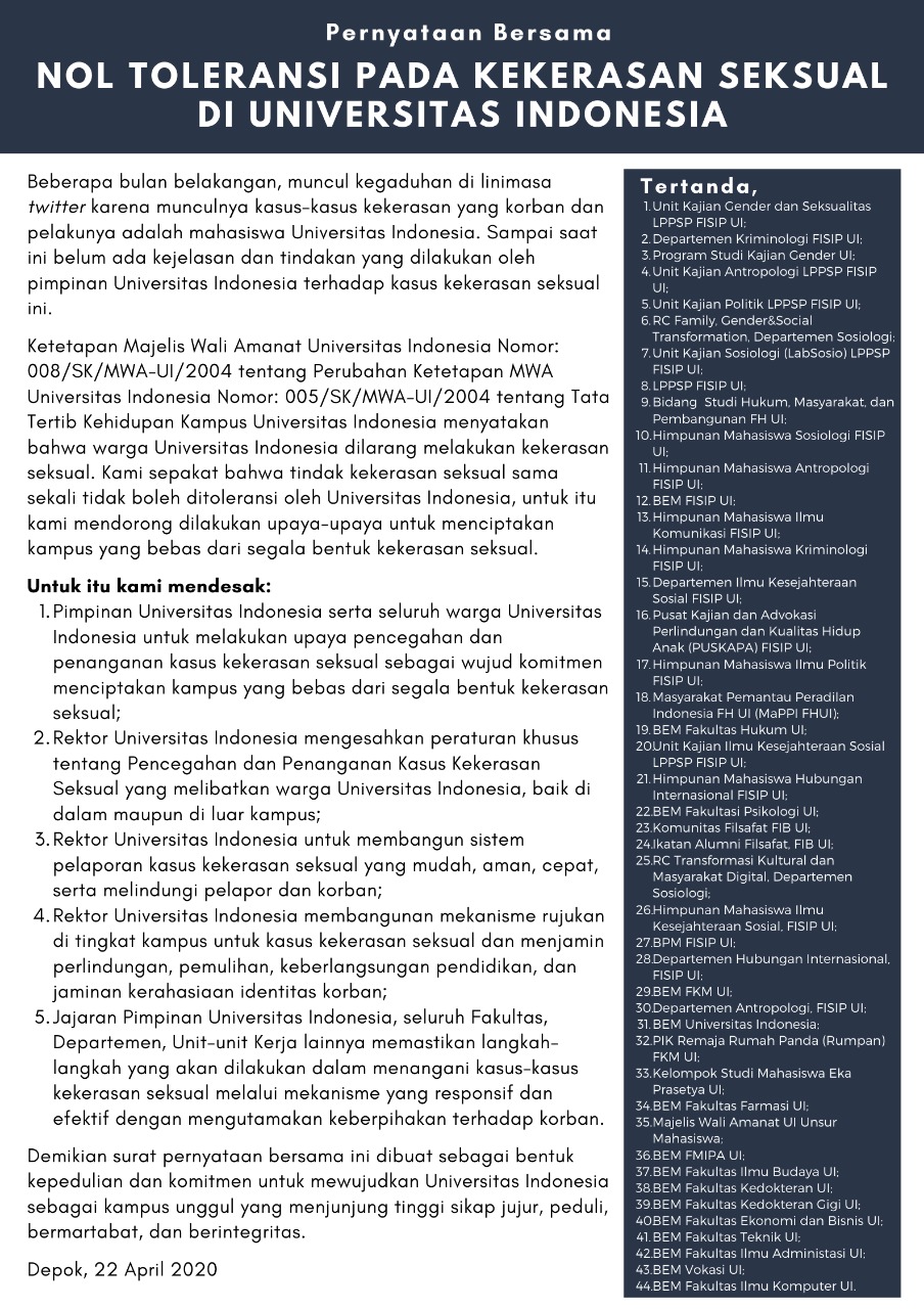PERNYATAAN BERSAMA: NOL TOLERANSI PADA KEKERASAN SEKSUAL DI UNIVERSITAS INDONESIA - Unit Kajian ...